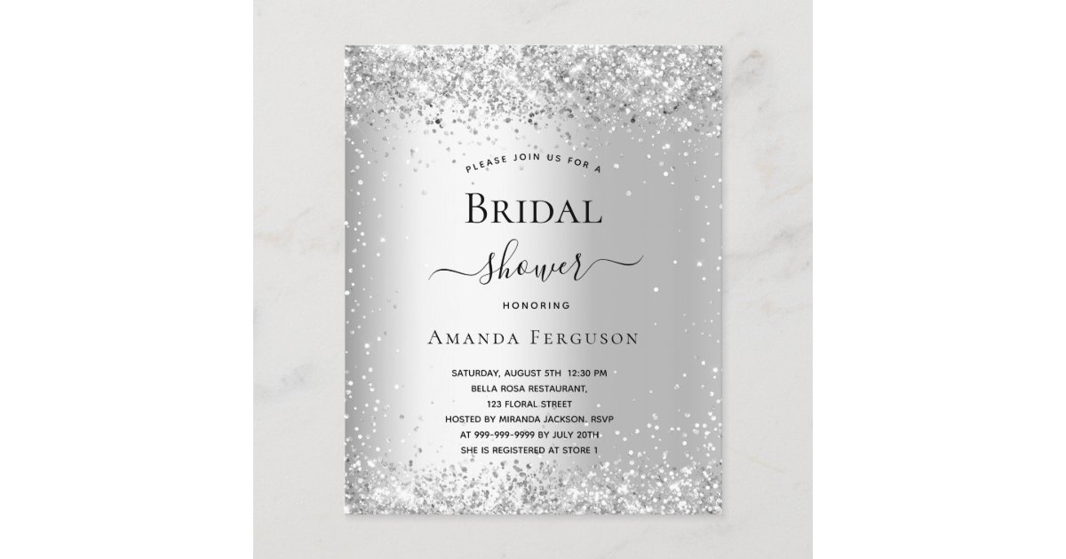 Budget bridal shower silver glitter invitation | Zazzle