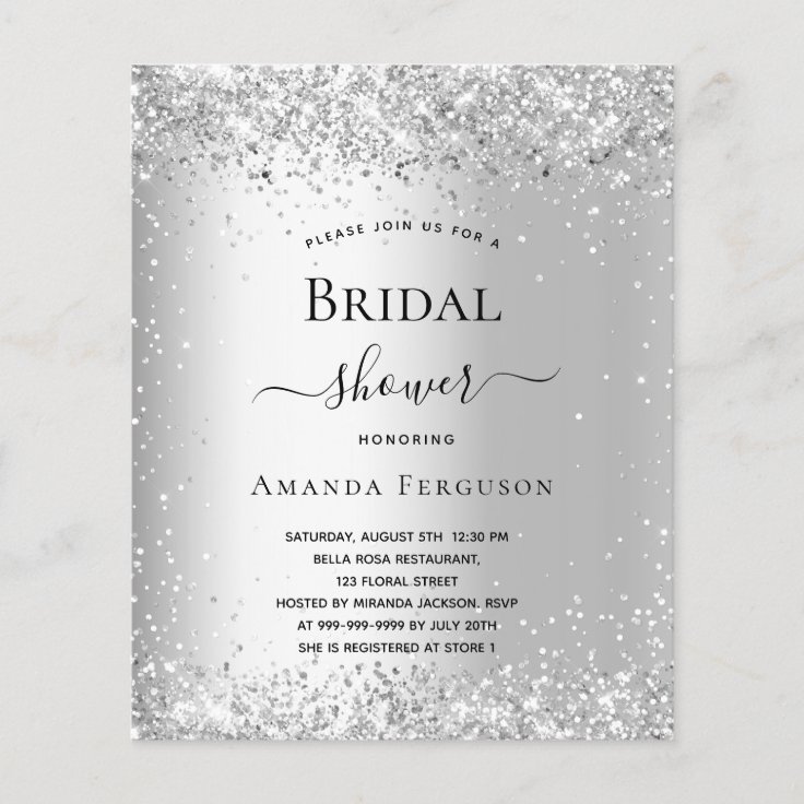 Budget bridal shower silver glitter invitation | Zazzle