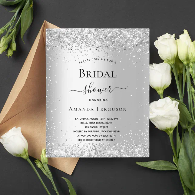 Budget bridal shower silver glitter invitation | Zazzle