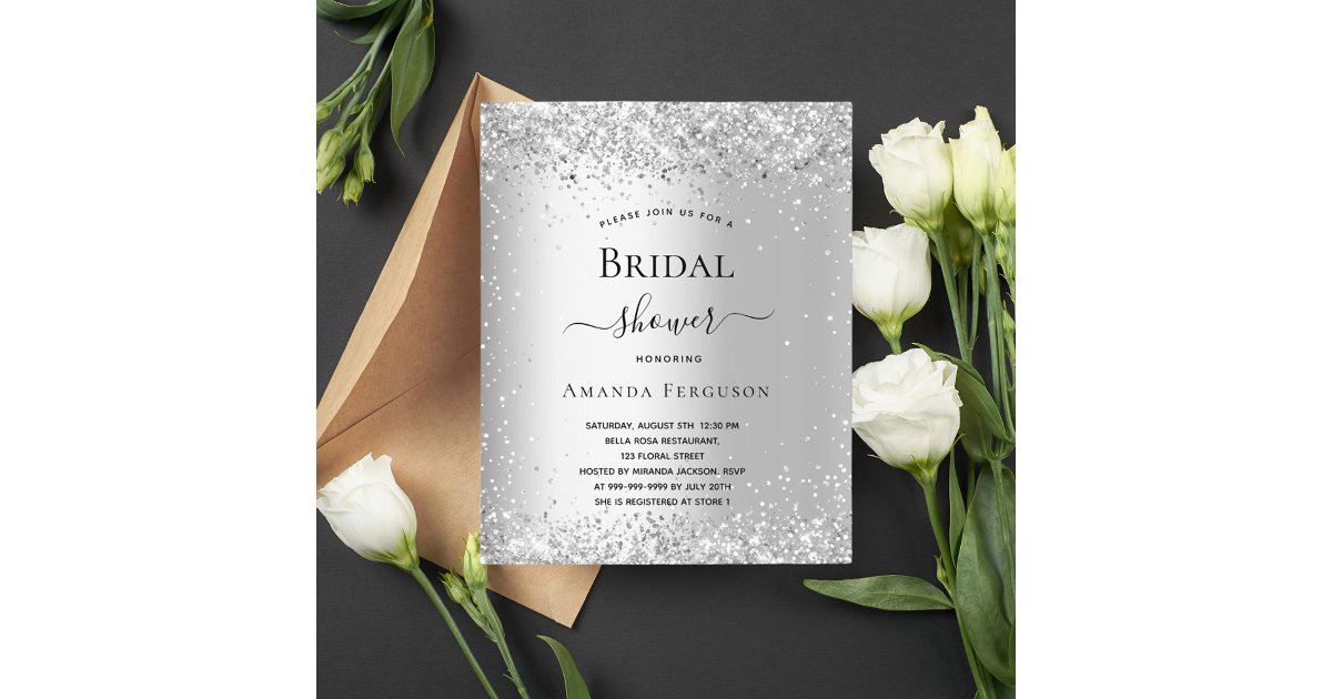 Budget bridal shower silver glitter invitation | Zazzle