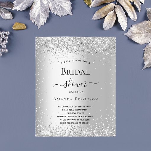 Budget bridal shower silver glitter invitation | Zazzle