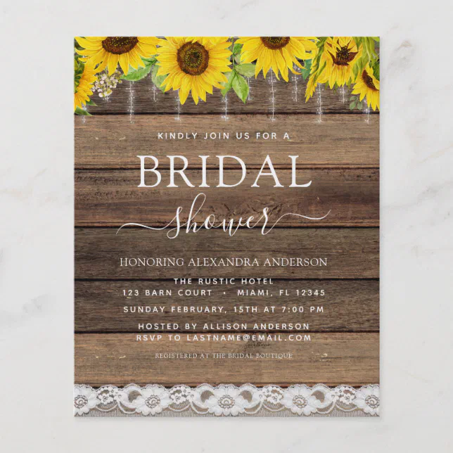 Budget Bridal Shower Sunflower Rustic Invitation Flyer | Zazzle