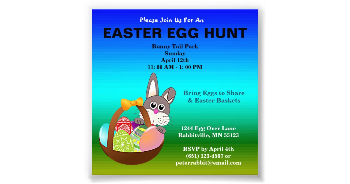 Budget Bunny, Eggs, Basket Easter Egg Hunt Invite Photo Print | Zazzle