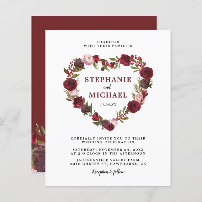 Budget Burgundy Floral Wedding Invitations | Zazzle
