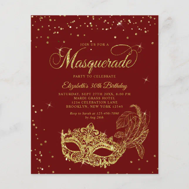 BUDGET Burgundy Gold Glitter Masquerade Birthday | Zazzle