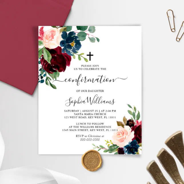 Budget Burgundy & Navy Confirmation Invitation | Zazzle