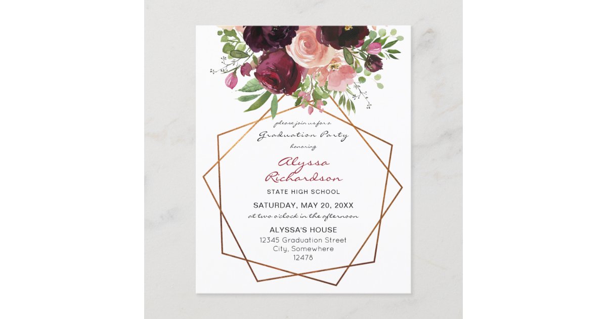 Budget Burgundy & Pink Floral Fr Graduation Party Flyer | Zazzle