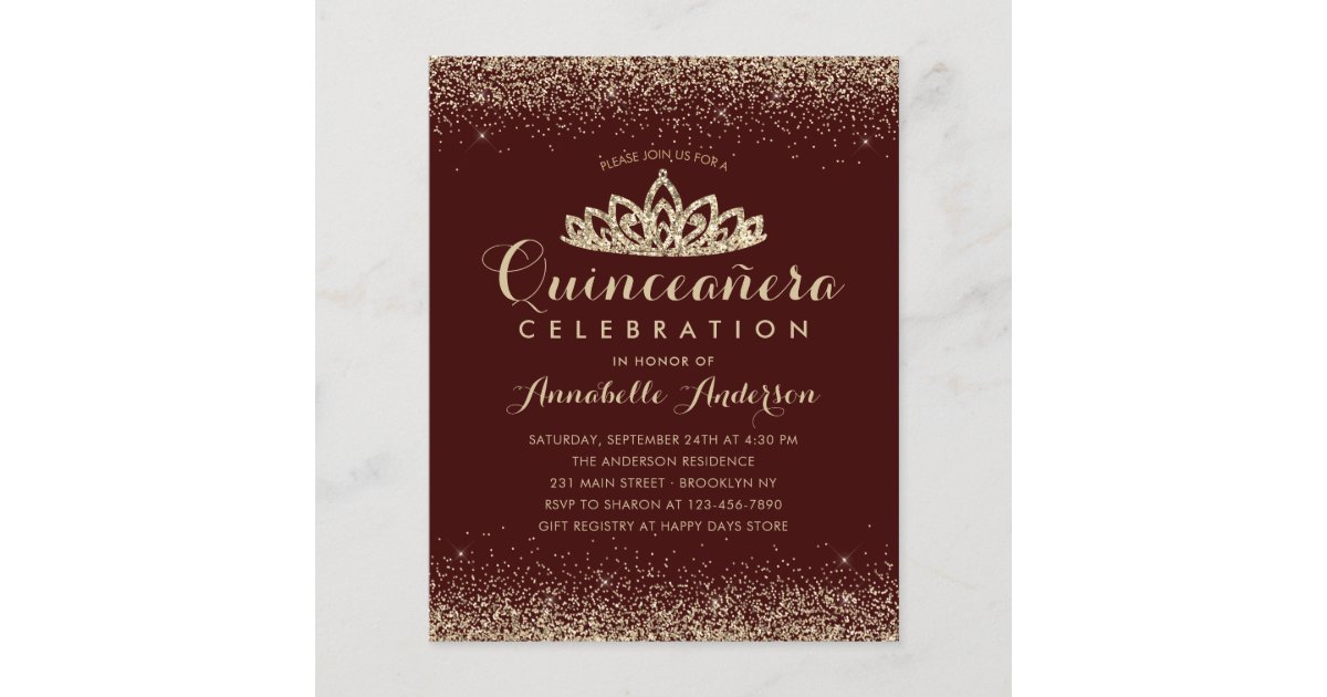 Budget Burgundy Red Gold Quinceañera Tiara Invite | Zazzle
