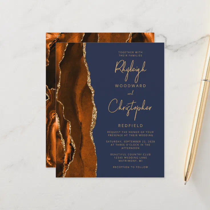 Budget Burnt Orange Agate Blue Wedding Invite | Zazzle