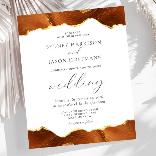 Budget Burnt Orange Agate Gold Wedding Invitation | Zazzle