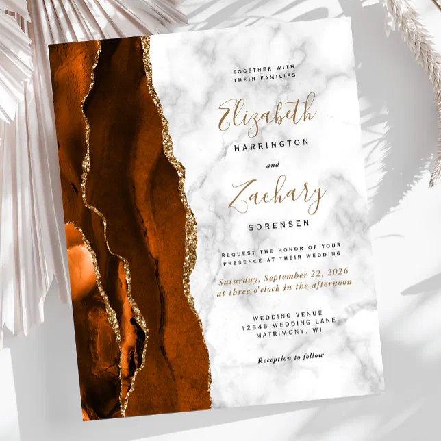 Budget Burnt Orange Agate Marble Wedding Invite | Zazzle