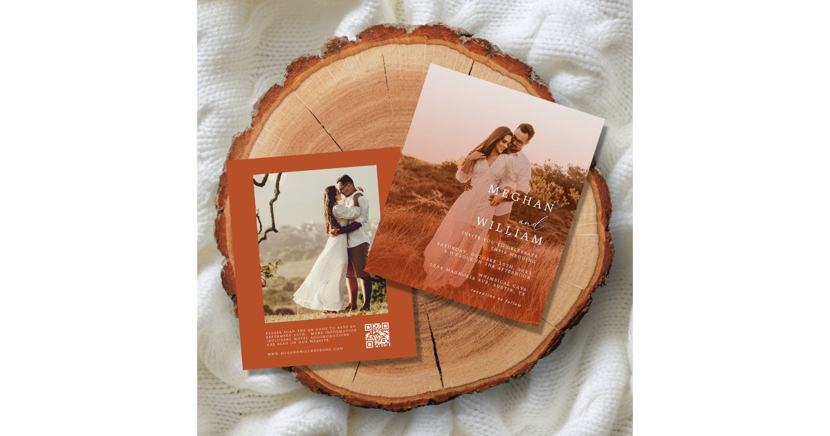 Budget Burnt Orange Photo Qr Code Wedding Flyer | Zazzle