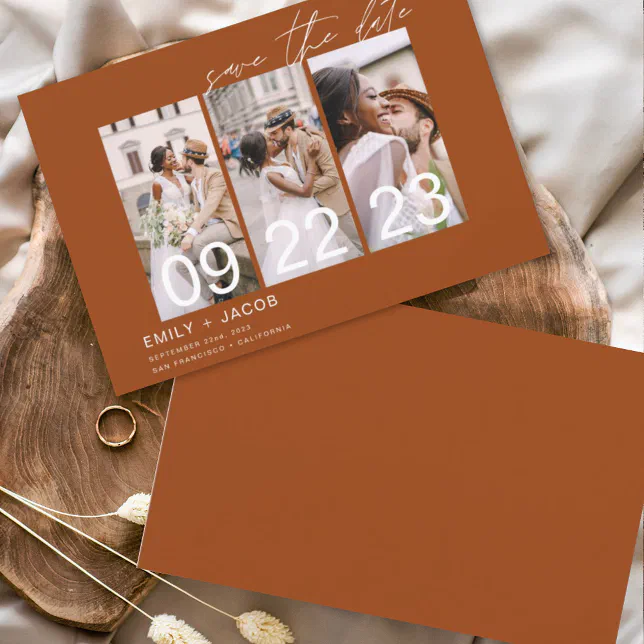 Budget Burnt Orange Save the Date 3 Photo Flyer | Zazzle