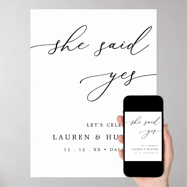 Budget Calligraphy She Said Yes Engagement Party Poster | Zazzle
