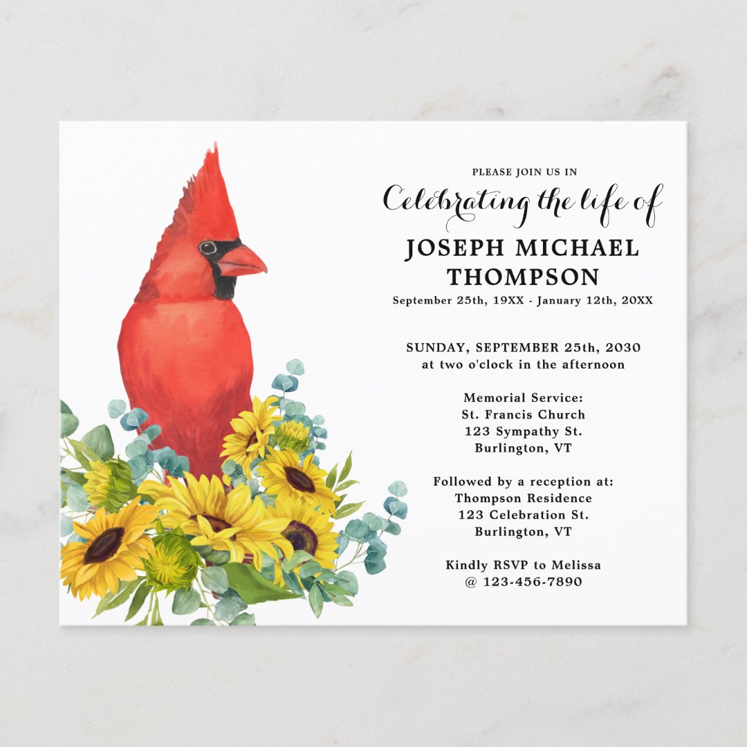 Budget Cardinal Celebration Of Life Invitation | Zazzle