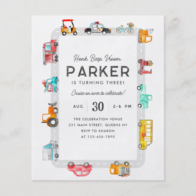 Budget Cars Street Kids Transportation Birthday Flyer | Zazzle