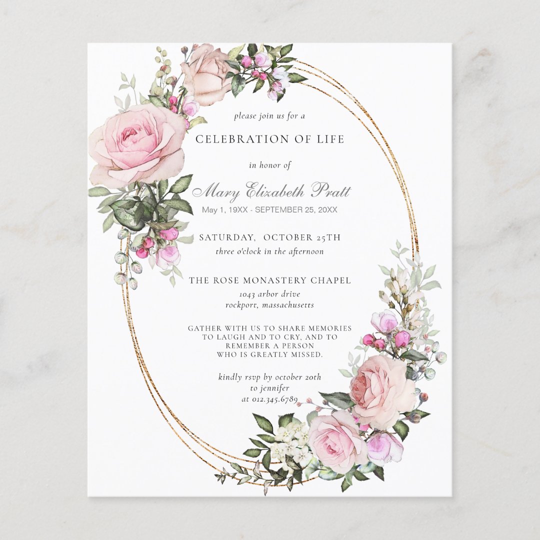 Budget Celebration of Life Pink Floral Invitation | Zazzle