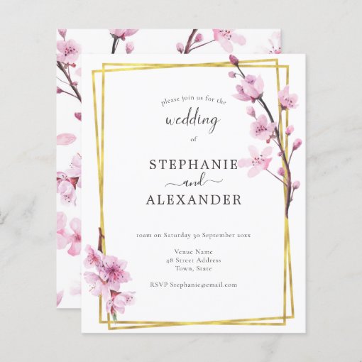 Budget Cherry Blossom & Gold Frame Wedding Invite | Zazzle