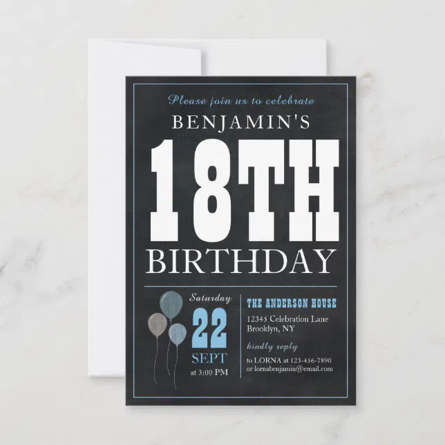 Budget Chic 18th Birthday Chalkboard Blue Balloon Note Card | Zazzle