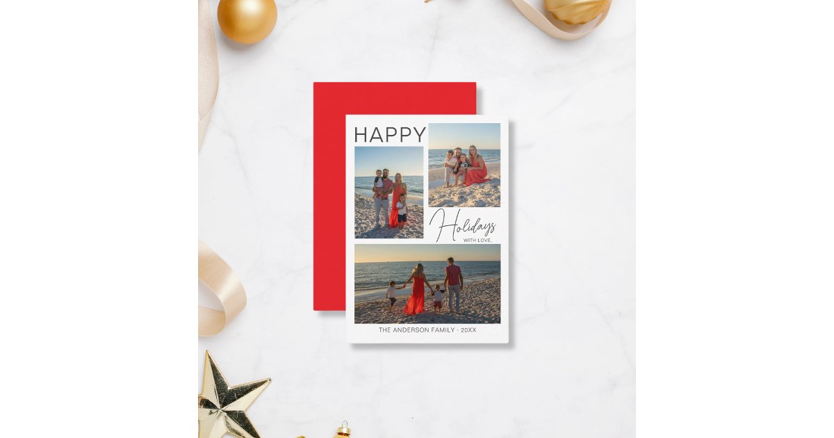 Budget Christmas Minimal 3 Photos Holiday Card | Zazzle