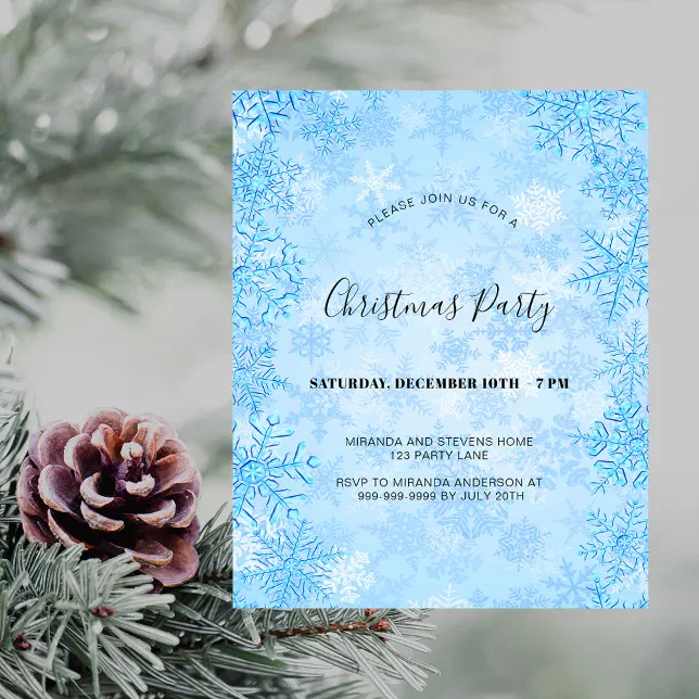 Budget Christmas party blue snowflakes invitation | Zazzle