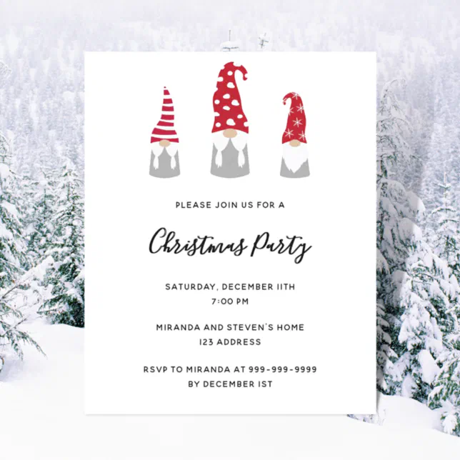 Budget Christmas party modern gnomes invitation | Zazzle