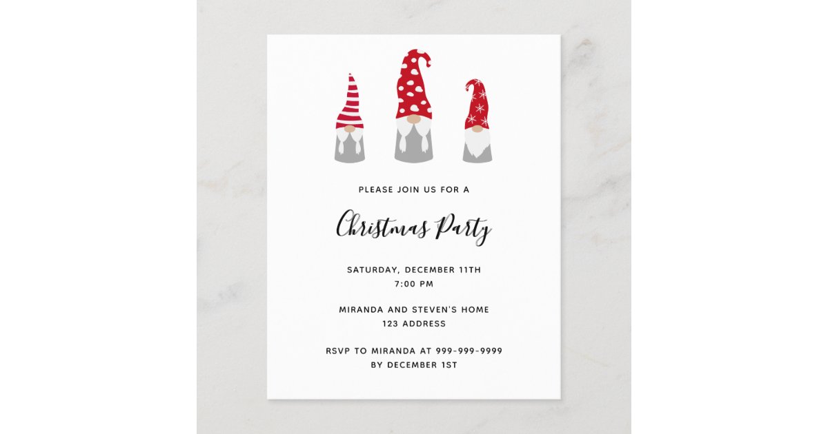Budget Christmas party modern gnomes invitation | Zazzle