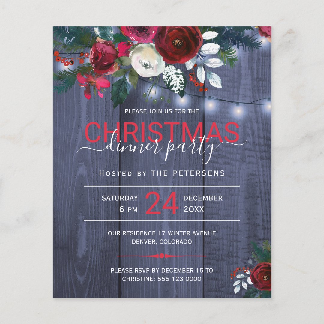 Budget Christmas party rustic floral invitation | Zazzle