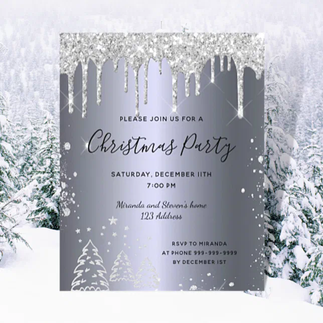 Budget Christmas party silver glitter invitation | Zazzle