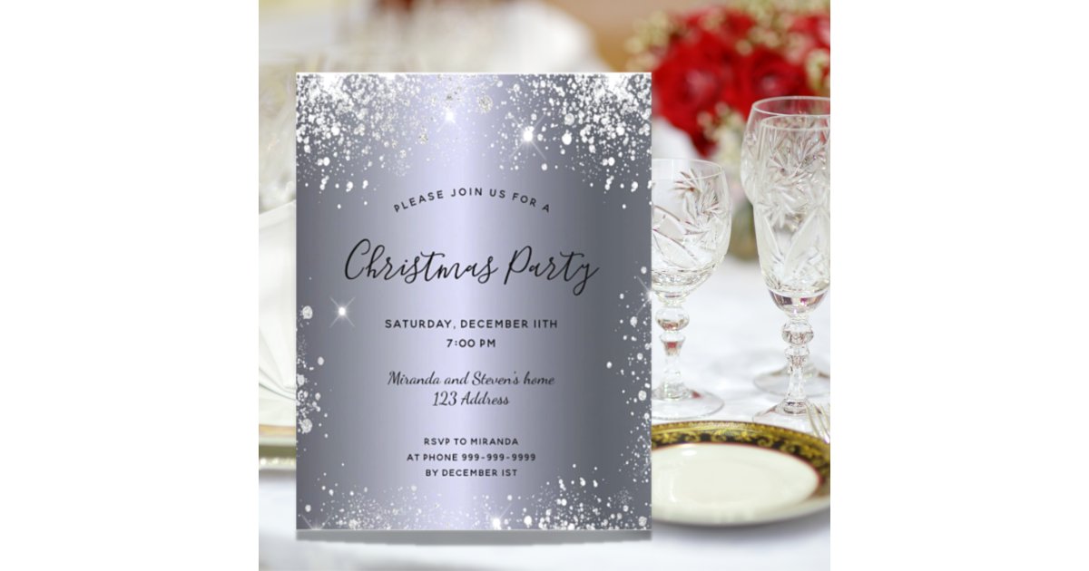 Budget Christmas party silver glitter invitation | Zazzle