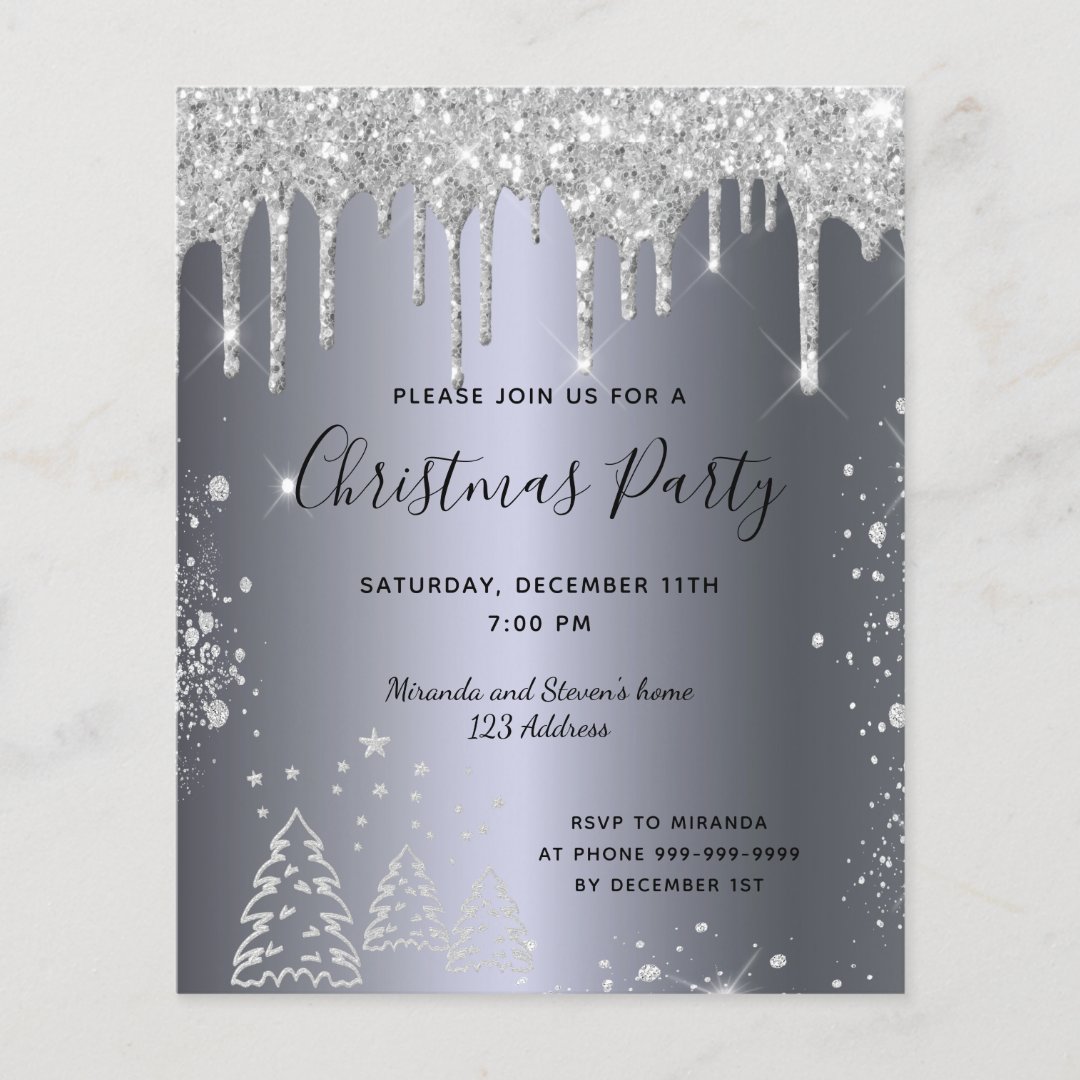 Budget Christmas party silver glitter invitation | Zazzle