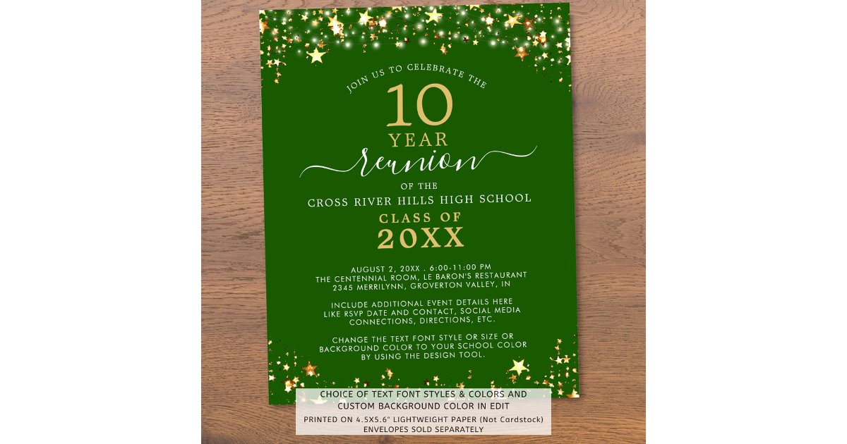 Budget Class Reunion Green Gold Stars Invitation | Zazzle