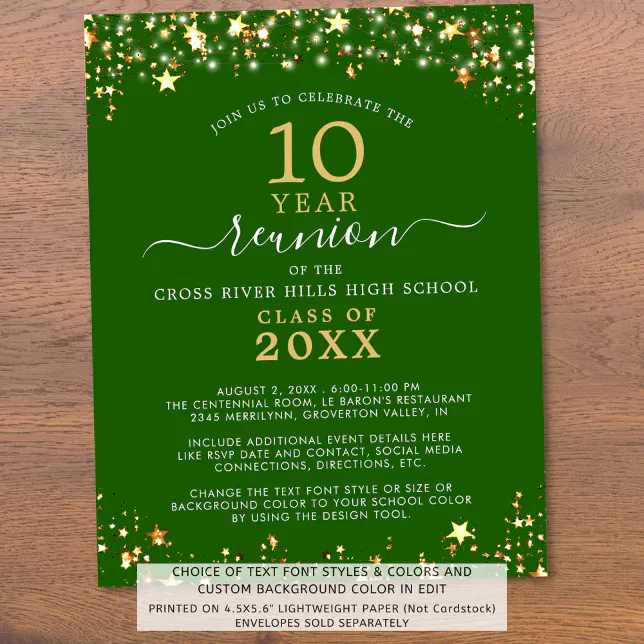 Budget Class Reunion Green Gold Stars Invitation | Zazzle