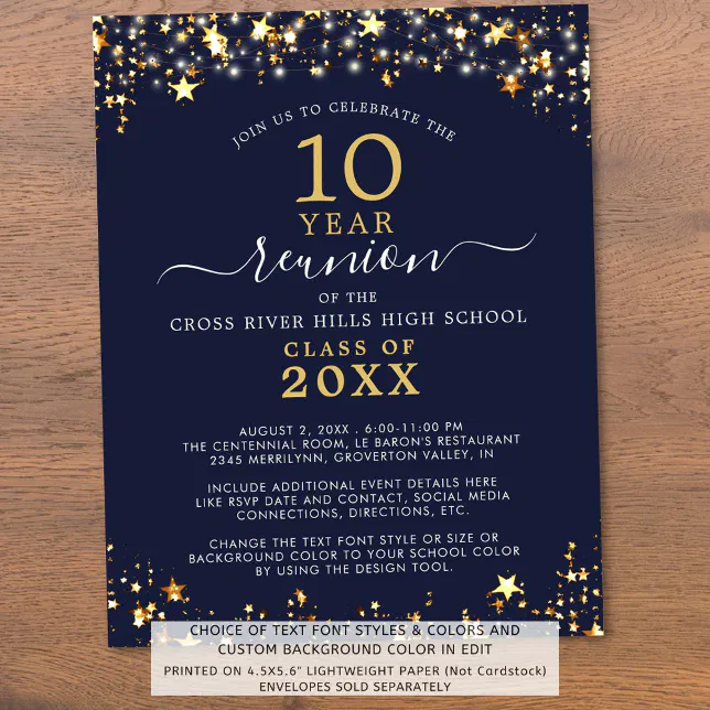 Budget Class Reunion Navy Gold Stars Invitation | Zazzle