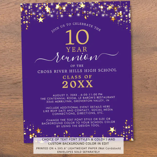 Budget Class Reunion Purple Gold Stars Invitation | Zazzle