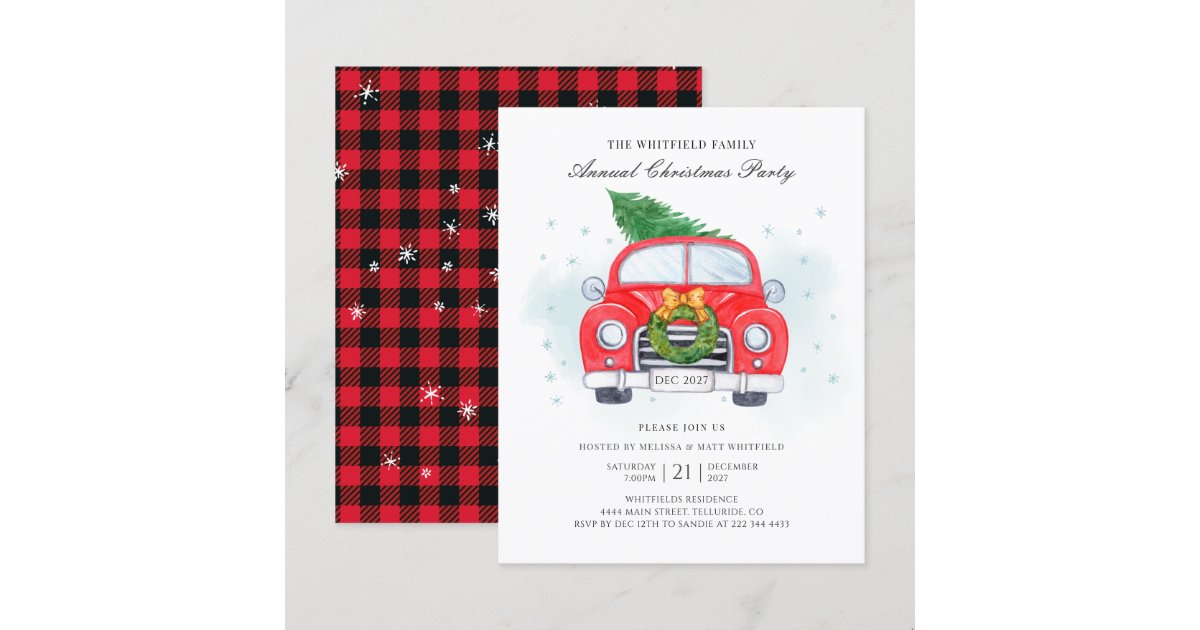 Budget Classic Red Car Family Christmas Invitation | Zazzle