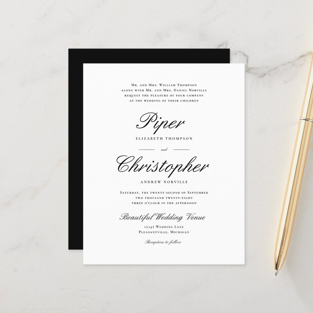 Budget Cursive Script Black Wedding Invitation | Zazzle
