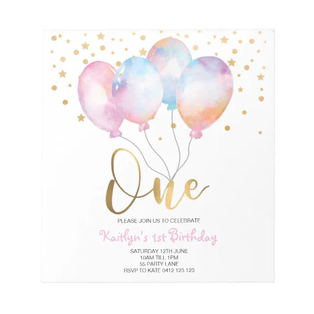 Budget Cute Balloons Pink Gold One Invitation Notepad | Zazzle