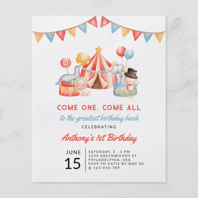 Budget Cute Circus Carnival Festival 1st Birthday Flyer | Zazzle