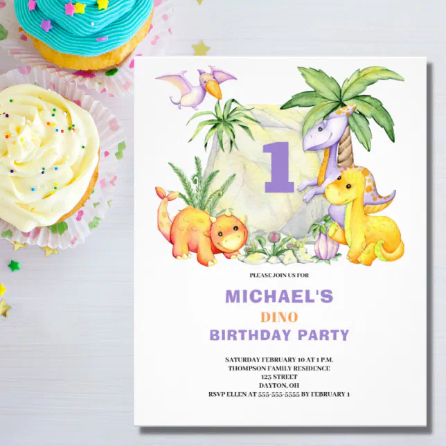 Budget Cute Dinosaur 1st Birthday Invitation Flyer | Zazzle