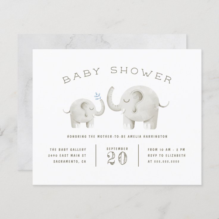 Budget Cute Gray Watercolor Elephant Baby Shower | Zazzle