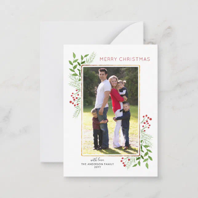 Budget Cute Merry Christmas Berries Photo Holiday Note Card | Zazzle