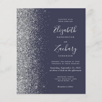 Budget Dark Blue Silver Glitter Wedding Invitation | Zazzle