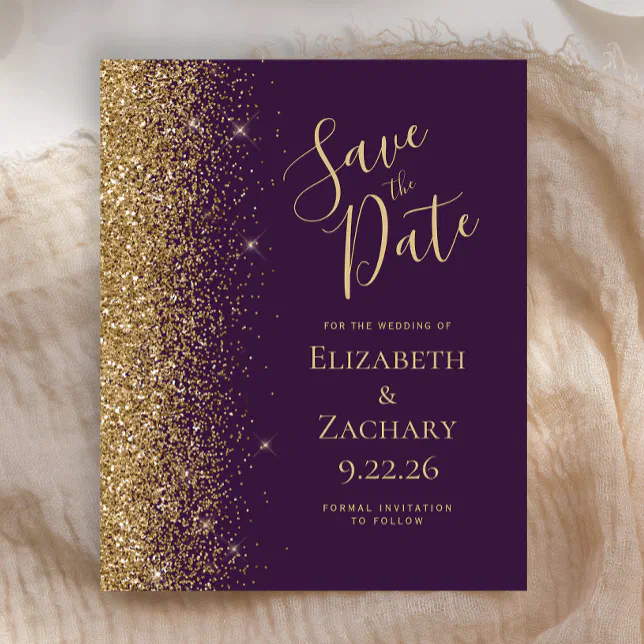 Budget Dark Purple Gold Save the Date Card | Zazzle
