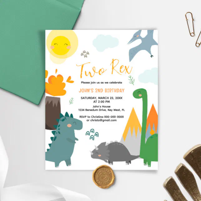 Budget Dinosaur Two Rex 2nd Birthday Invitation | Zazzle