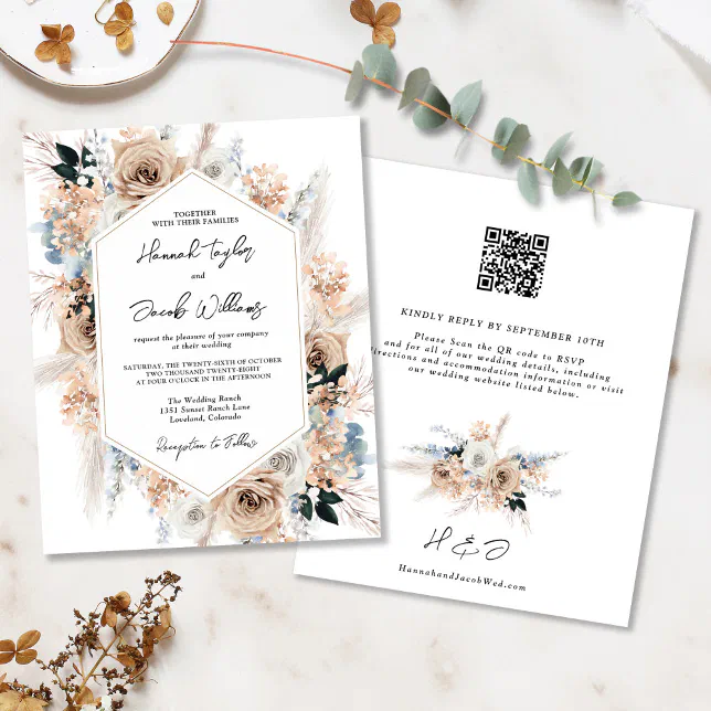 Budget Dusty Blue Champagne Wedding QR Code Invite | Zazzle