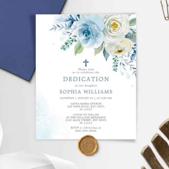 Budget Dusty Blue Floral Dedication Invitation | Zazzle
