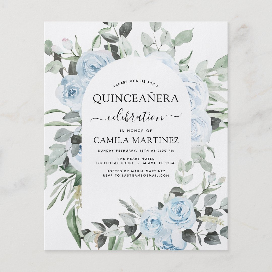 Budget Dusty Blue Quinceañera Floral Invitation Flyer | Zazzle