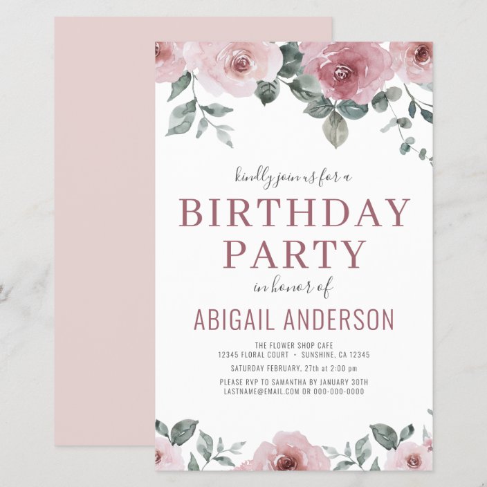Budget Dusty Rose Floral Birthday Party Invitation | Zazzle.com