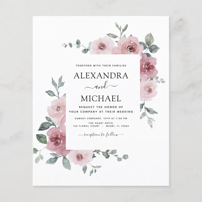 Budget Dusty Rose Pink Floral Greenery Wedding Flyer | Zazzle